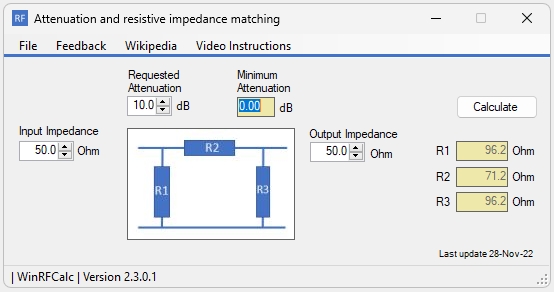 Resistive impedance matching calculator
