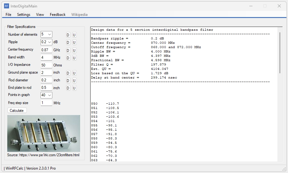 Narrow band interdigital filter calculator