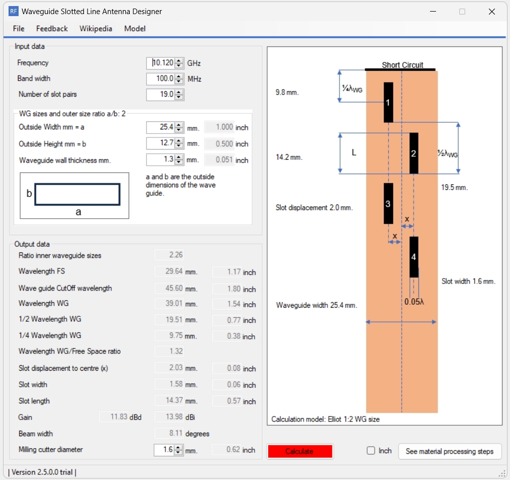 Windows RF Calculator, WinRFCalc - Wave guide slotted line